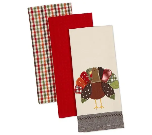 DESIGN IMPORTS Set Of 3 Fall Turkey Embroidered Kitchen Towels