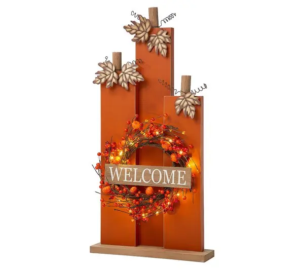 GLITZHOME Fall Led Lighted Autumn Pumpkin Decor W/wreath