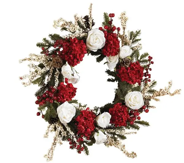 NEARLY NATURAL 24' Hydrangea And White Rose Wreath Nearly N Atural
