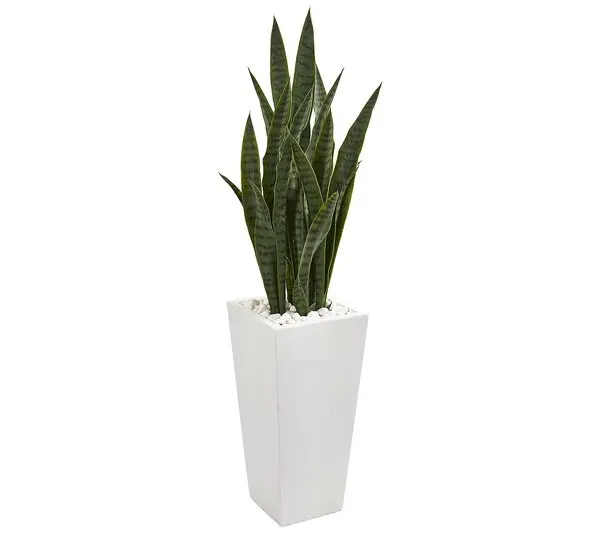 NEARLY NATURAL 4' Sansevieria In White Tower Planter By