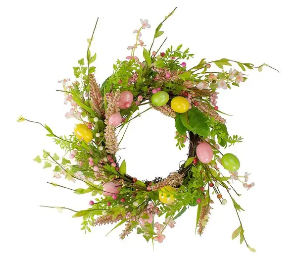 NORTHLIGHT Easter Egg With Berry Floral Springtime Wreath Pink And Green