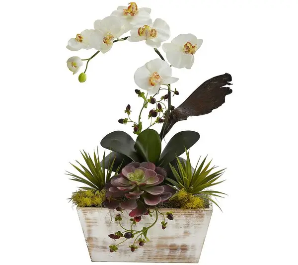 NEARLY NATURAL Orchid & Succulent Garden W/ White Planter N Early Natural
