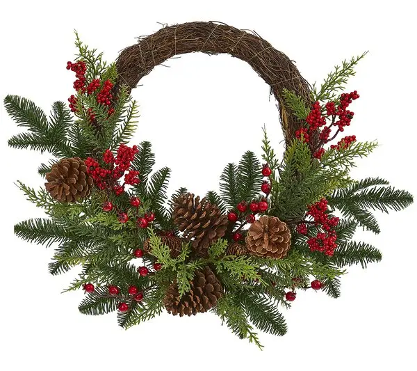 NEARLY NATURAL 22' Pine, Cedar, Berries, Pine Cones Wreath Arly Natural