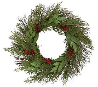 NEARLY NATURAL 20' Cedar & Ruscus W/berries Wreath Nearly N Atural