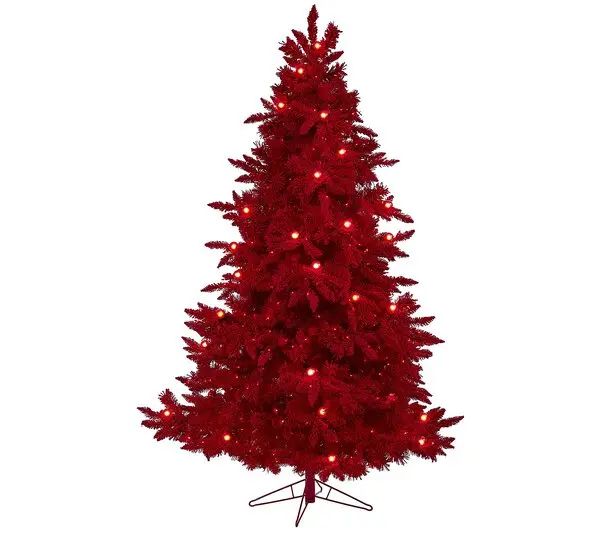 NEARLY NATURAL 7' Lit Red Flocked Fraser Fir Christmas Tree By