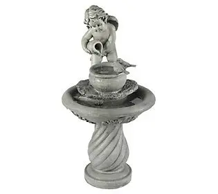 LUXEN HOME Luxenhome Gray Resin Cherub Birdbath Fountain