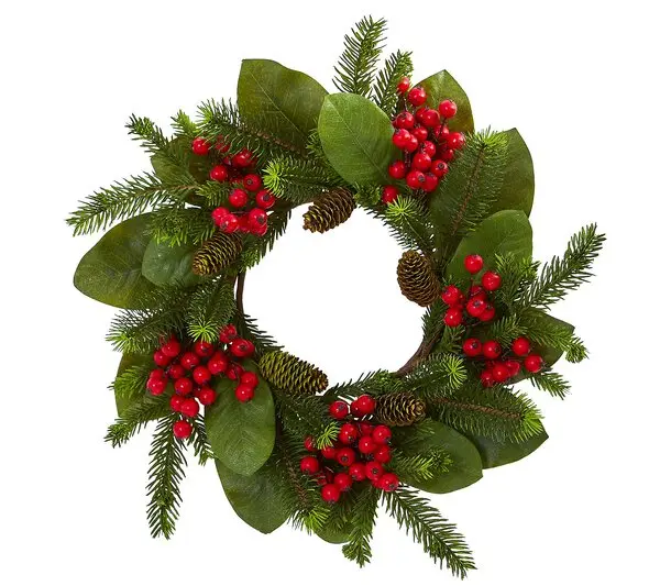 NEARLY NATURAL 19' Magnolia Leaf, Berry And Pine Wreath Nea Rly Natural