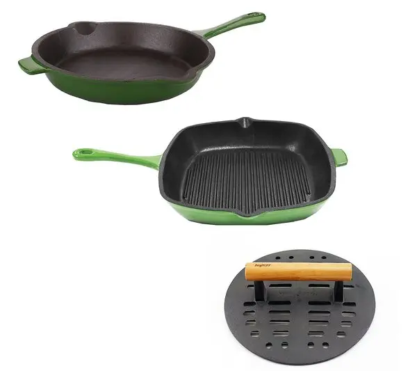 BERGHOFF Neo Cast-iron 3-piece Set: Fry Pan, Gr Ill Pan & Pres