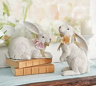 VALERIE PARR HILL Set Of 2 Burlap Bunnies With Flowers Valerie
