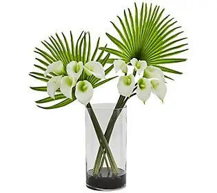 NEARLY NATURAL 27' Calla Lily & Fan Palm In Cylinder Glass Early Natural