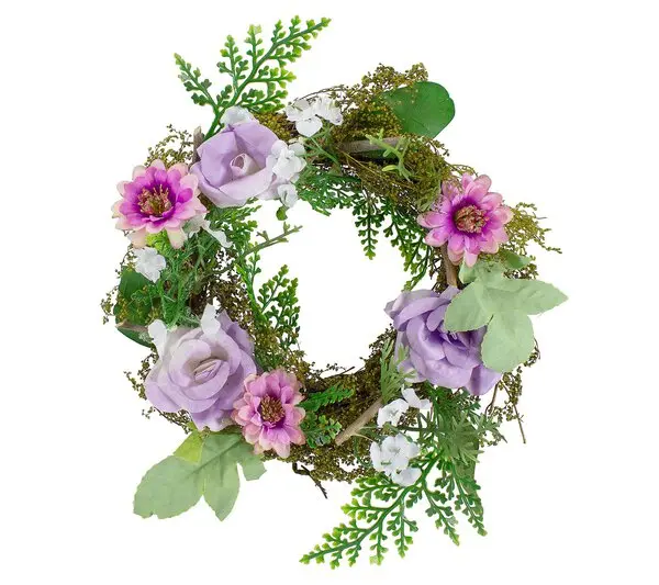NORTHLIGHT Mini Rose And Foliage Spring Wreath Pink And P Urple 8