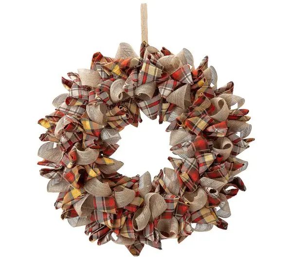 GLITZHOME Harvest Holiday Fall Fabric Plaid Wreath