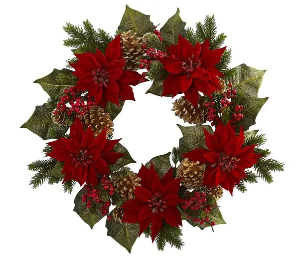 NEARLY NATURAL 24' Poinsettia, Berry And Pinecone Wreath Ne Arly Natural