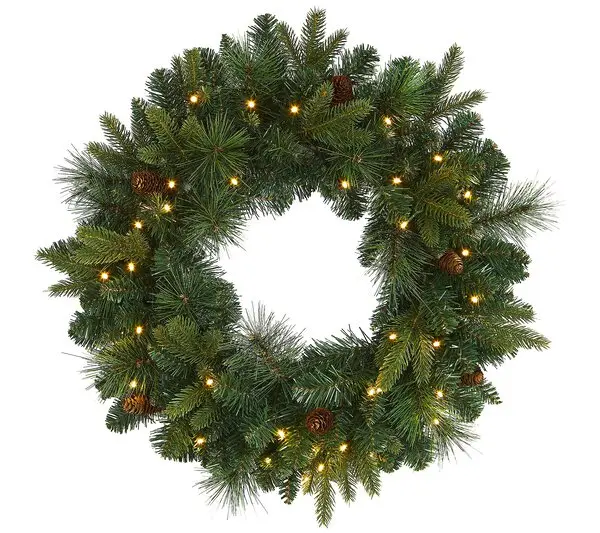 NEARLY NATURAL 24' Lit Mixed Pine Christmas Wreath Nearly N Atural