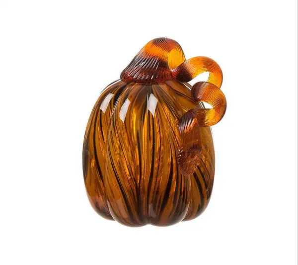 GLITZHOME Striped Glass Indoor Decorative Fall Umpkin W/ Stem