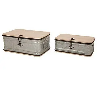 GLITZHOME Set Of 2 Galvanized Metal & Wood Stor Age Chests