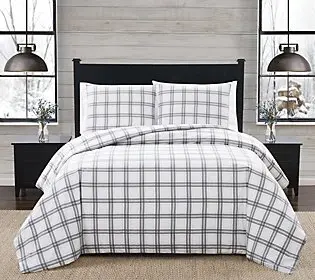 London Fog Grey Plaid Full/queen 3 Pc Flannel C Omforter Set
