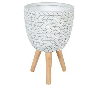 LUXEN HOME Luxenhome Cube Design 12.1' Round Mgo Planter W Wood Legs