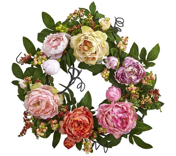 NEARLY NATURAL 20 Mixed Peony & Berry Wreath By