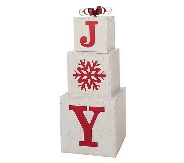 GLITZHOME Christmas Holiday Stacking Joy Wooden Block Statue