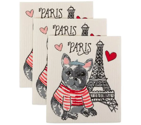 DESIGN IMPORTS Set Of 3 Dog In Paris Swedish Di Shcloths