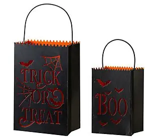 GLITZHOME Halloween Trick Or Treat Metal Bucket S Lanterns S/2