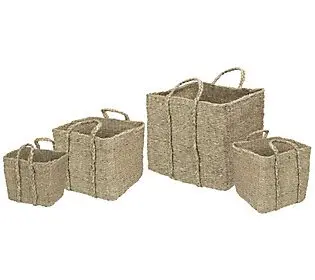 NORTHLIGHT Set Of 4 Beige Square Wicker Table & Floor Baskets