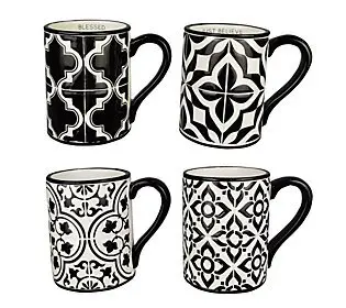 YOUNG'S INC. Young's Set Of 4 Black & White Tile Mugs