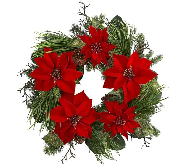 NEARLY NATURAL 28' Poinsettia And Pine Wreath Nearly Natura L