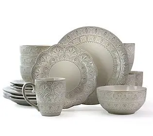 ELAMA White Lace 16-piece Scallop Stoneware Din Nerware Set