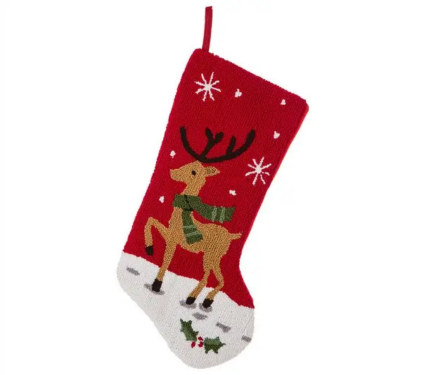 GLITZHOME Reindeer Hook Looped Fabric Christmas Stocking