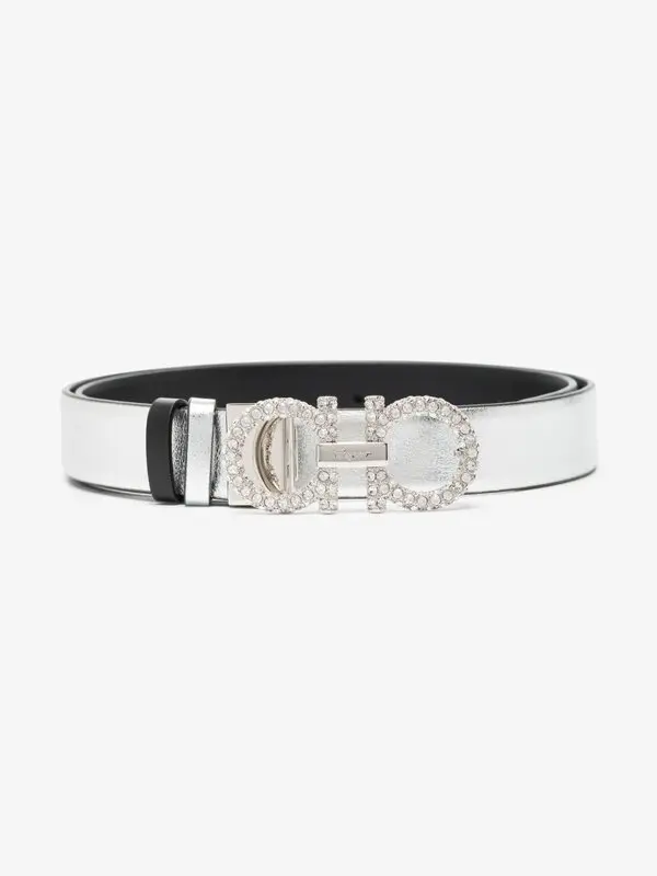 FERRAGAMO Gancini Crystal Leather Belt - Silver