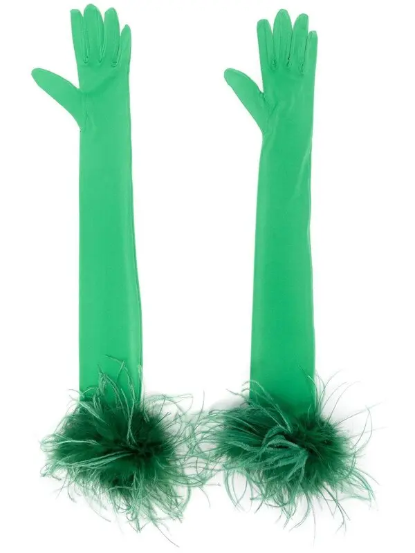 STYLAND Feather-trim Long-length Gloves - Green