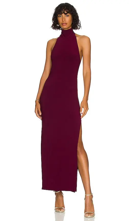 Norma Kamali Turtle Halter Side Slit Maxi Dress - Plum