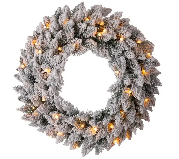 GLITZHOME Pre Lit Snow Flocked Christmas Wreath W/ Led Lights