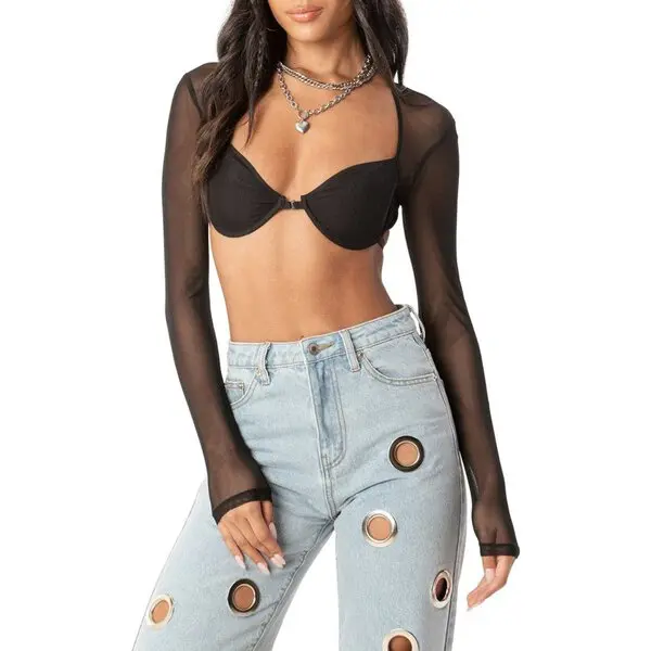 EDIKTED Lin Mesh Long Sleeve Bra Top