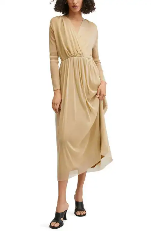 Mango Metallic Tulle Long Sleeve Midi Dress In Gold - 60% Off | Editorialist