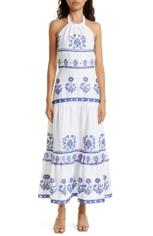 Buy MILLY Dea Cross Stitch Embroidered Linen Maxi Dress White/blue At 60 Off Editorialist