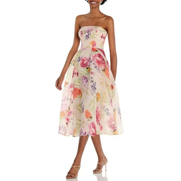 Alfred Sung Floral Print Strapless Midi Dress