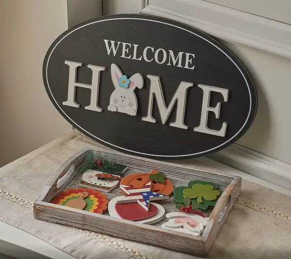 VALERIE PARR HILL As Is Welcome Home Oval Sign With 8 Seasonal Icons Valeri