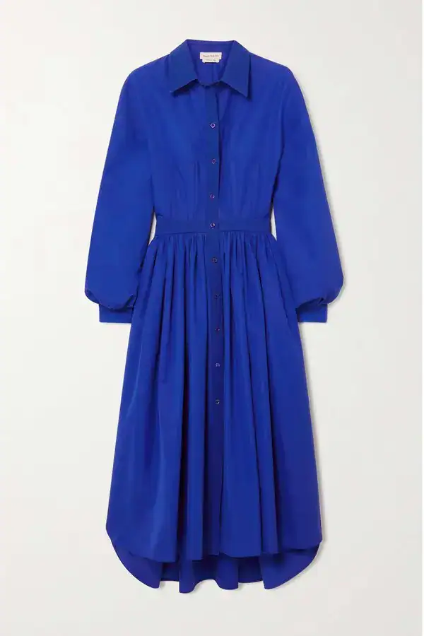 Alexander Mcqueen Piqu-Trimmed Pleated Cotton-Poplin Midi Shirt Dress - Bright  Blue | Editorialist