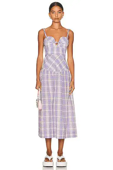 Ganni Seersucker Check Midi Dress In Purple In Check Persian