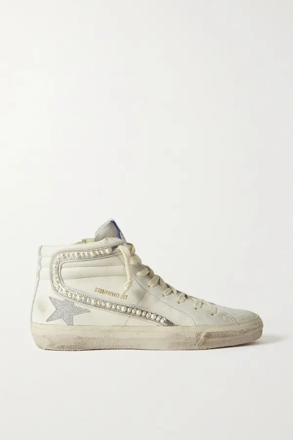 Golden Goose Slide Embellished Distressed Glittered Leather And Suede High-top Sneakers