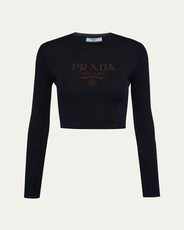 Prada Logo-intarsia Rib Cropped Silk Sweater - Bleu