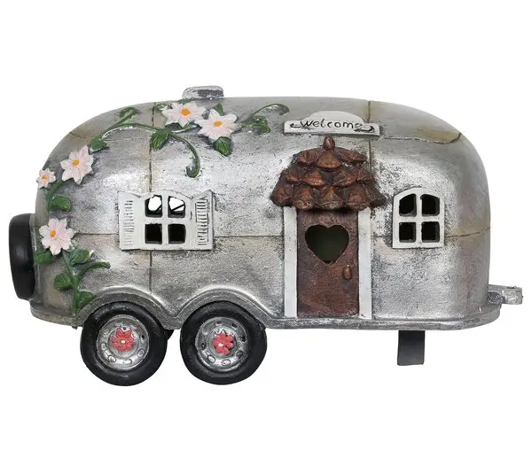 EXHART Solar Retro Silver Camping Trailer Statue Ex Hart