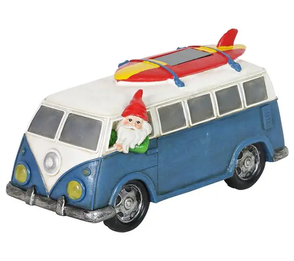 EXHART Solar Surfer Gnome In Retro Van Statuary