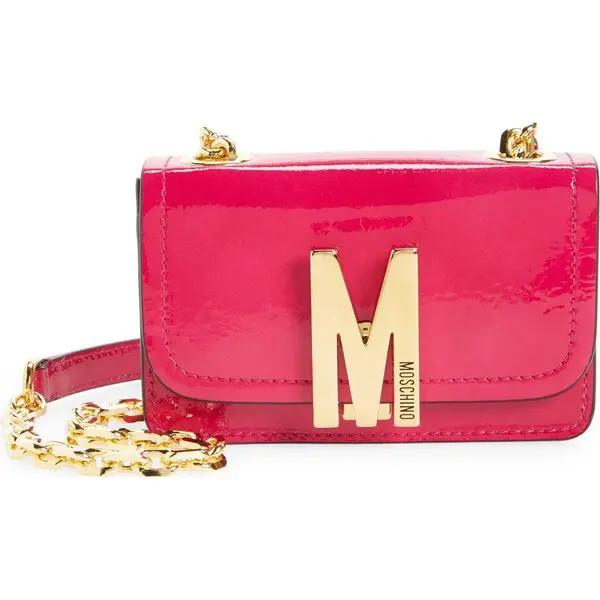 Moschino Mini M Logo Patent Leather Shoulder Bag Violet Editorialist