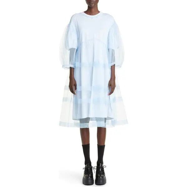 Simone Rocha Puff Sleeve Tiered Tulle Babydoll Dress - Baby Blue/ Light Blue