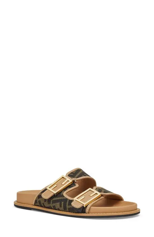 Fendi Feel Busbet Baguette Dual Strap Slide Sandal - Tobacco Nero