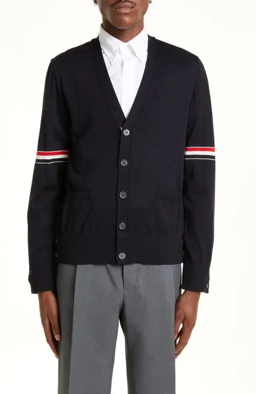 Thom Browne Stripe Armbands Merino Wool Cardigan - Navy